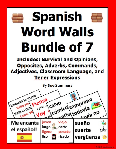 Spanish Word Wall Bundle of 7 Walls - 156 Pages, 284 Words and Phrases ...