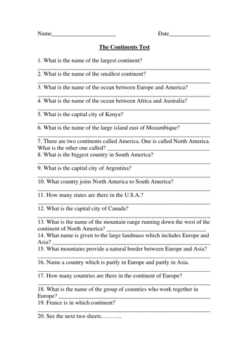 The Continents Test | Teaching Resources