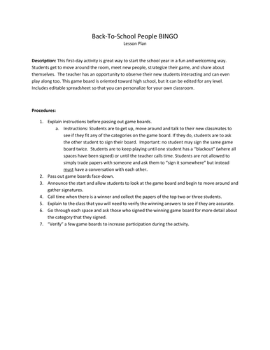 First Day of School - People BINGO | Teaching Resources