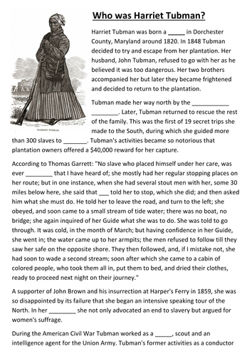 Who was Harriet Tubman Cloze Activity by sfy773 - Teaching Resources - TES