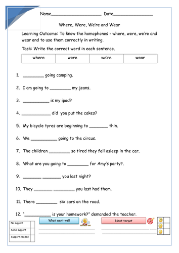 Where, Were, We're and Wear - Information Sheet and Set of 4 Worksheets ...
