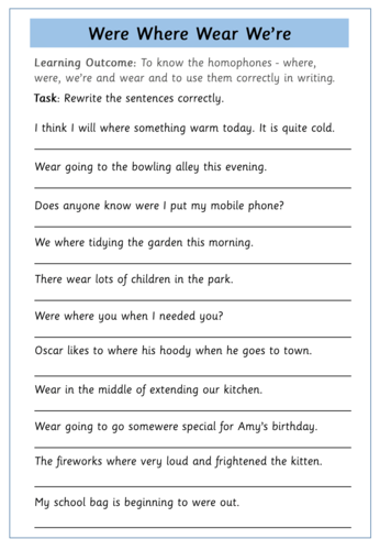 Homophones: Where, Were, We're and Wear | Teaching Resources