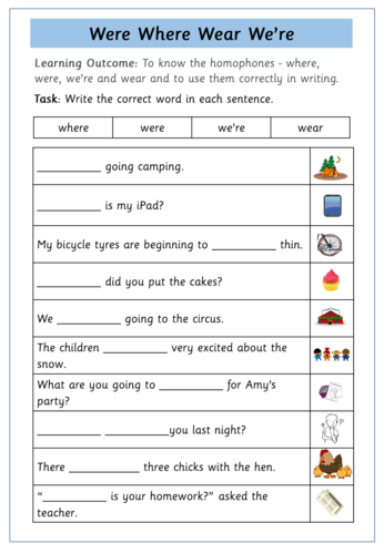 Homophones: Where, Were, We're and Wear | Teaching Resources