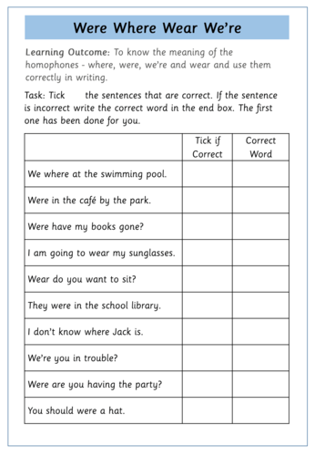 Homophones: Where, Were, We're and Wear | Teaching Resources