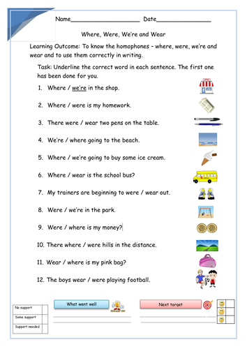 Where, Were, We're and Wear - Information Sheet and Set of 4 Worksheets ...