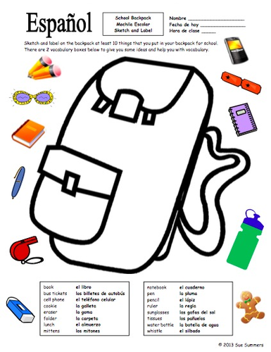 Spanish School Backpack Sketch and Label Activity | Teaching Resources