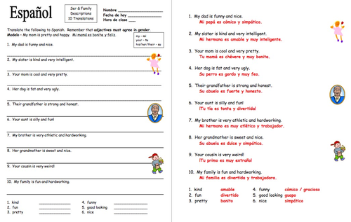 Spanish Adjectives 10 Sentences With Family and Ser Worksheet ...