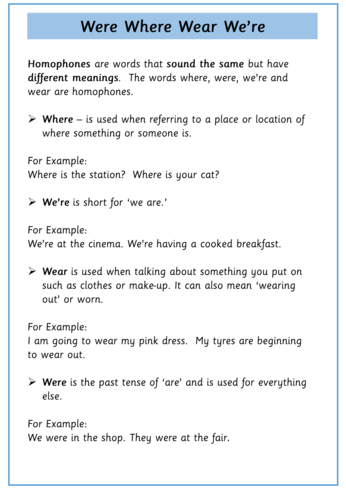 Homophones: Where, Were, We're, Wear | Teaching Resources