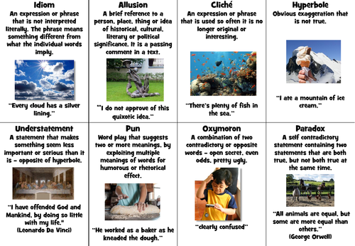 Idiom, Allusion, Cliche, Pun, Hyperbole, Understatement, Oxymoron and ...