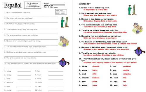 Spanish Adjectives With Ser 10 Sentences and 12 Vocabulary Translations ...