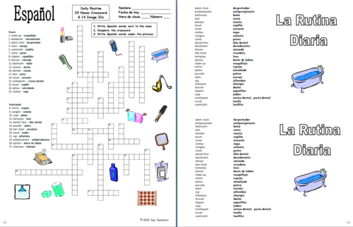 Spanish Daily Routine Crossword Images Word List - Substitute Lesson ...
