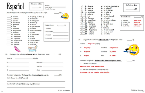 Spanish Reflexive Verbs Bundle - Vocabulary, 9 Worksheets, Skit, Quiz ...