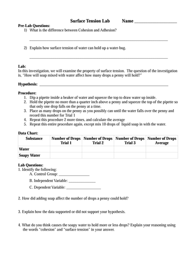 Scientific Method Lab Experiment/ Surface Tension Lab Experiment ...