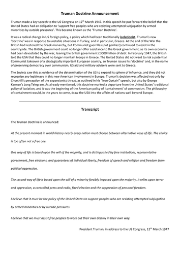 Cold War; Iron Curtain, Truman Doctrine and Marshall Plan | Teaching ...