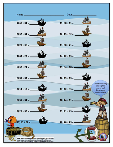Two Digit Addition - Pirate Themed Worksheets - Horizontal | Teaching ...