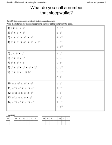 Index Laws pack: use the laws of indices to work out the punchline to a ...