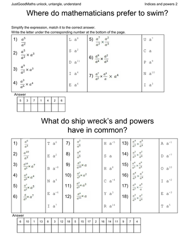Index Laws pack: use the laws of indices to work out the punchline to a ...