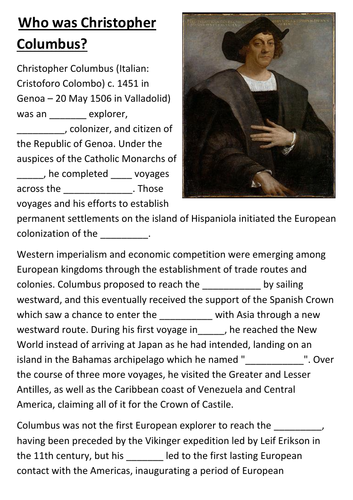 Who was Christopher Columbus Cloze Activity | Teaching Resources