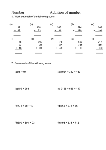 Addition of Number worksheet | Teaching Resources
