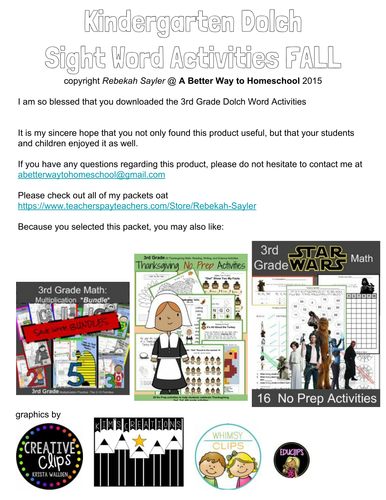 Kindergarten Sight Words- FALL | Teaching Resources