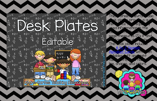 Black-Gray Chevron Desk Plates Spanish- Editable | Teaching Resources