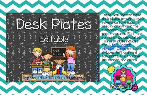 Teal-White Chevron Desk Plates Spanish- Editable | Teaching Resources