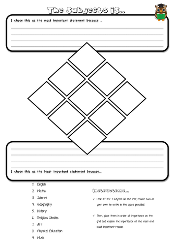 Back to School- Subjects, Diamond Ranking | Teaching Resources