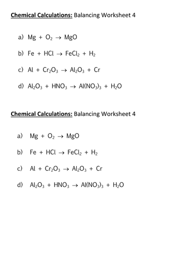 Chemical Calculations- Balancing Chemical Equations 4 | Teaching Resources