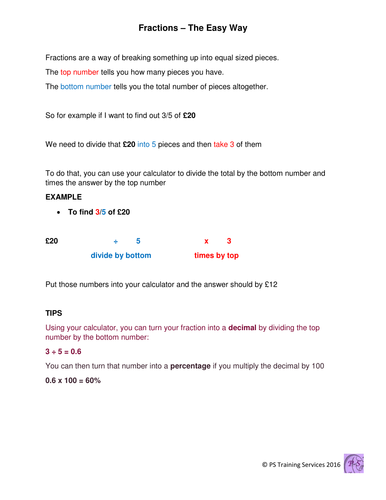 Fractions - the easy way - printable sheet | Teaching Resources