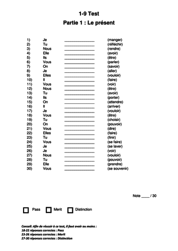 French: Stage 1-9: Test on the present tense with certificates to award ...