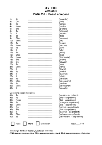 French: Stage 2-9: Test on the perfect tense with certificates ...