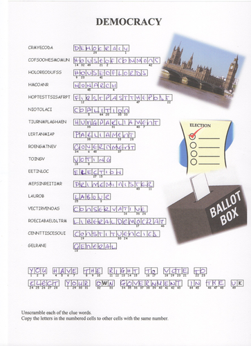 DEMOCRACY STARTER puzzle vocabulary Parliament and Government ...