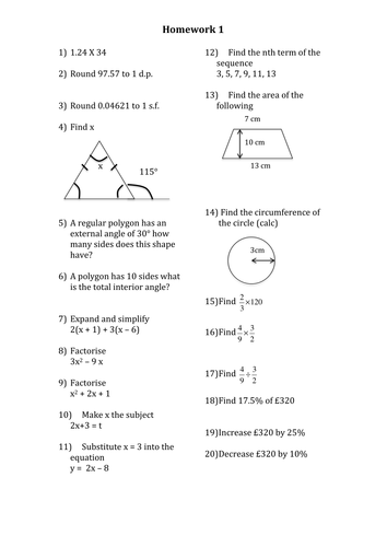 Mathematics GCSE D/C Homework 1 | Teaching Resources