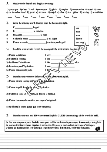 Les Sports - J'aime le sport parce que ..... | Teaching Resources