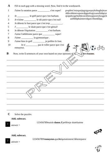 Les Sports - J'aime le sport parce que ..... | Teaching Resources