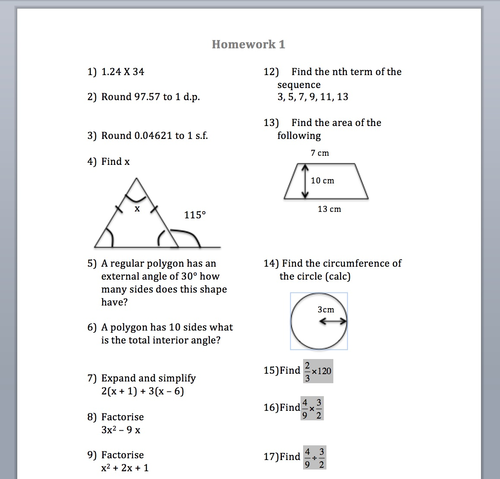Mathematics GCSE D/C Homework 1 Sample | Teaching Resources
