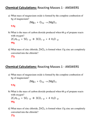 Chemical Calculations- Reacting Masses 1 (FREE SAMPLE) | Teaching Resources