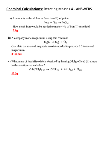Chemical Calculations- Reacting Masses 4 | Teaching Resources Chemical Calculations- Reacting Masses 4 | Teaching Resources