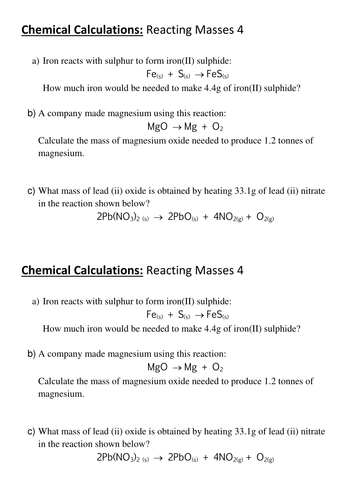 Chemical Calculations- Reacting Masses 4 | Teaching Resources