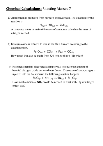 Chemical Calculations- Reacting Masses 7 | Teaching Resources
