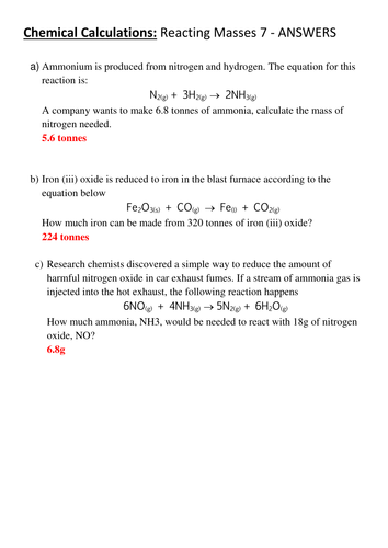 Chemical Calculations- Reacting Masses 7 | Teaching Resources