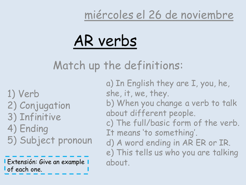 Present tense - AR/ER/IR verbs - Conjugations by missmills1990 ...