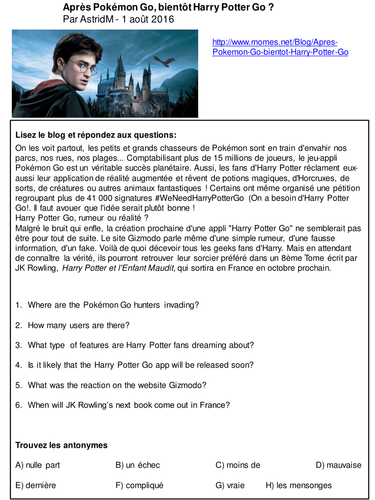 Pokémon Go - reading activities | Teaching Resources
