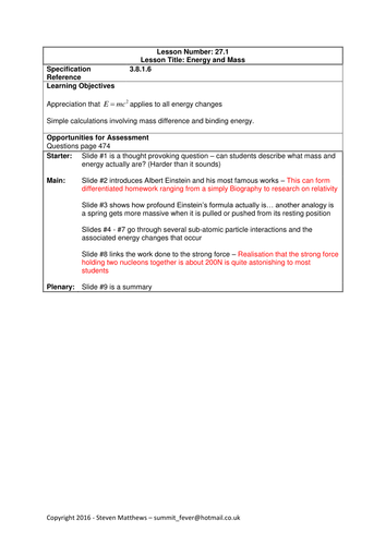 Physics A-Level Year 2 Lesson - Mass and Energy (PowerPoint AND lesson ...