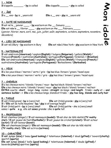 Mon idole - describing your idol / famous person - writing | Teaching ...