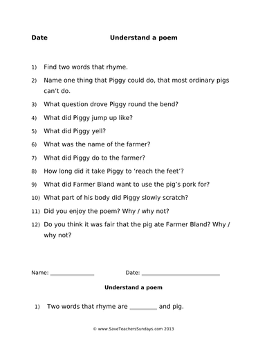 Poetry Comprehension (The Pig by Roald Dahl) Lesson Plan and Worksheets ...