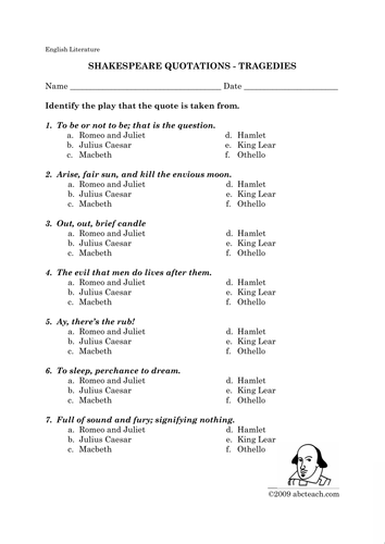 Worksheets: Shakespeare's Tragedies - quotes (middle school/high school ...