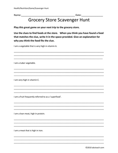 Game: Nutrition-Grocery Store Scavenger Hunt (upper elem/middle ...