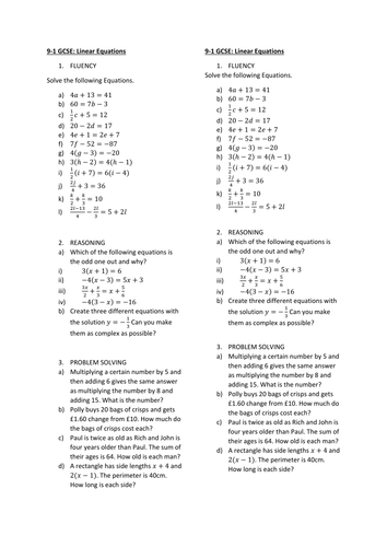 New Maths 9-1 GCSE Fluency-Reasoning-Problem Solving: Linear Equations ... New Maths 9-1 GCSE Fluency-Reasoning-Problem Solving: Linear Equations ...