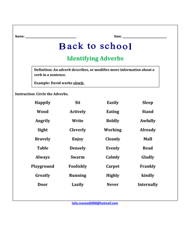 Back to School Worksheet 'Identifying Adverbs' (2nd & 3rd Grade ...